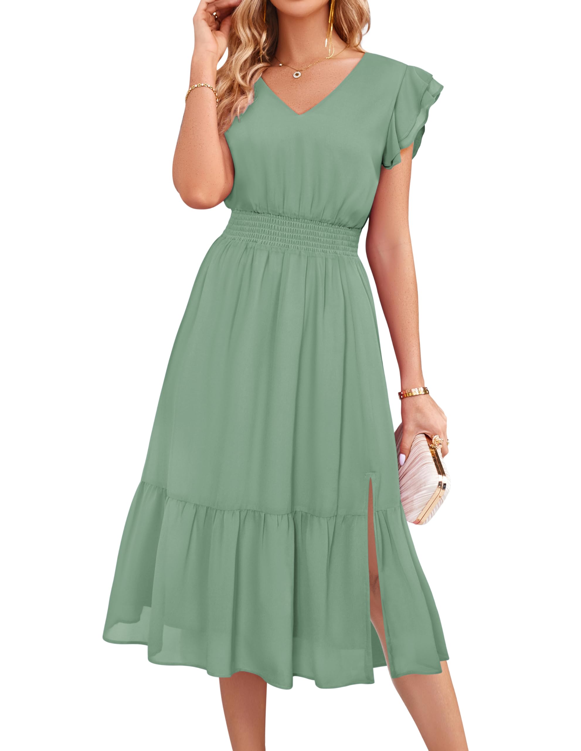 Summer Midi Dress Wedding Guest Dress Women's V Neck Flutter Short Sleeve A-Line Flowy Split ...
