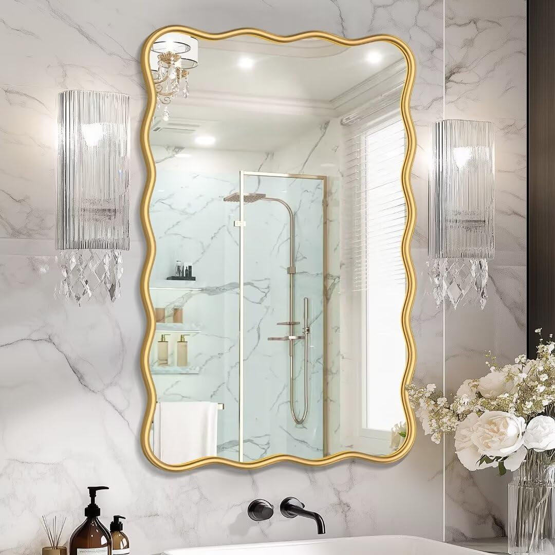 PROHOMEWARE 24 * 36" Gold Bathroom Mirror for Wall,Wavy Rectangular ...