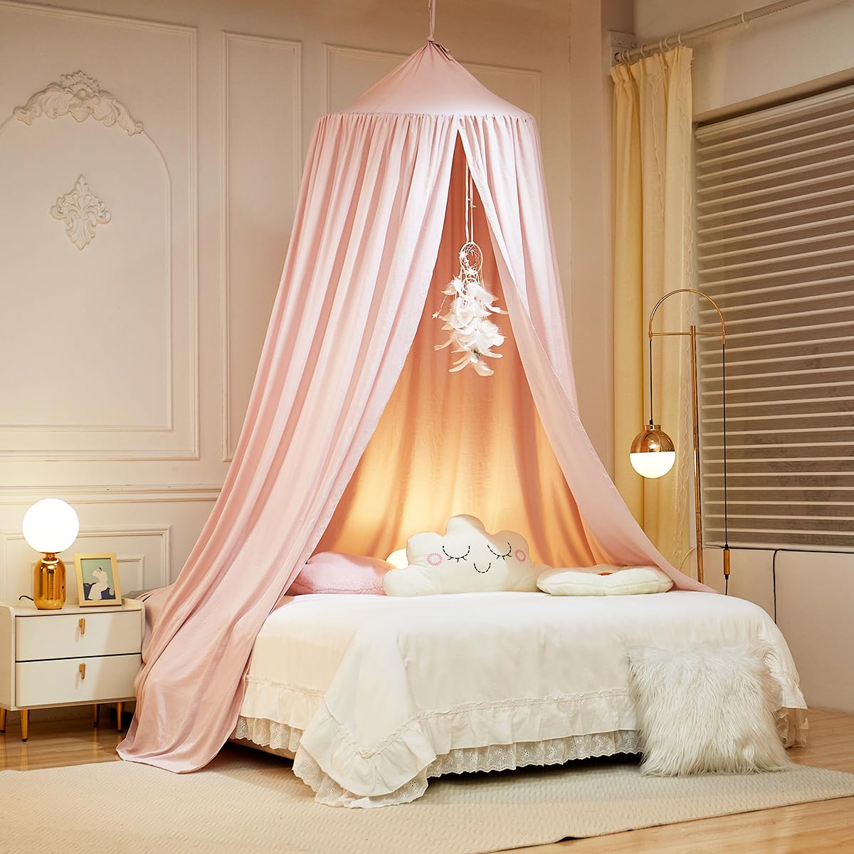 Akiky Princess Bed Canopy for Girls Room Large Dome Canopy Beige Pink ...