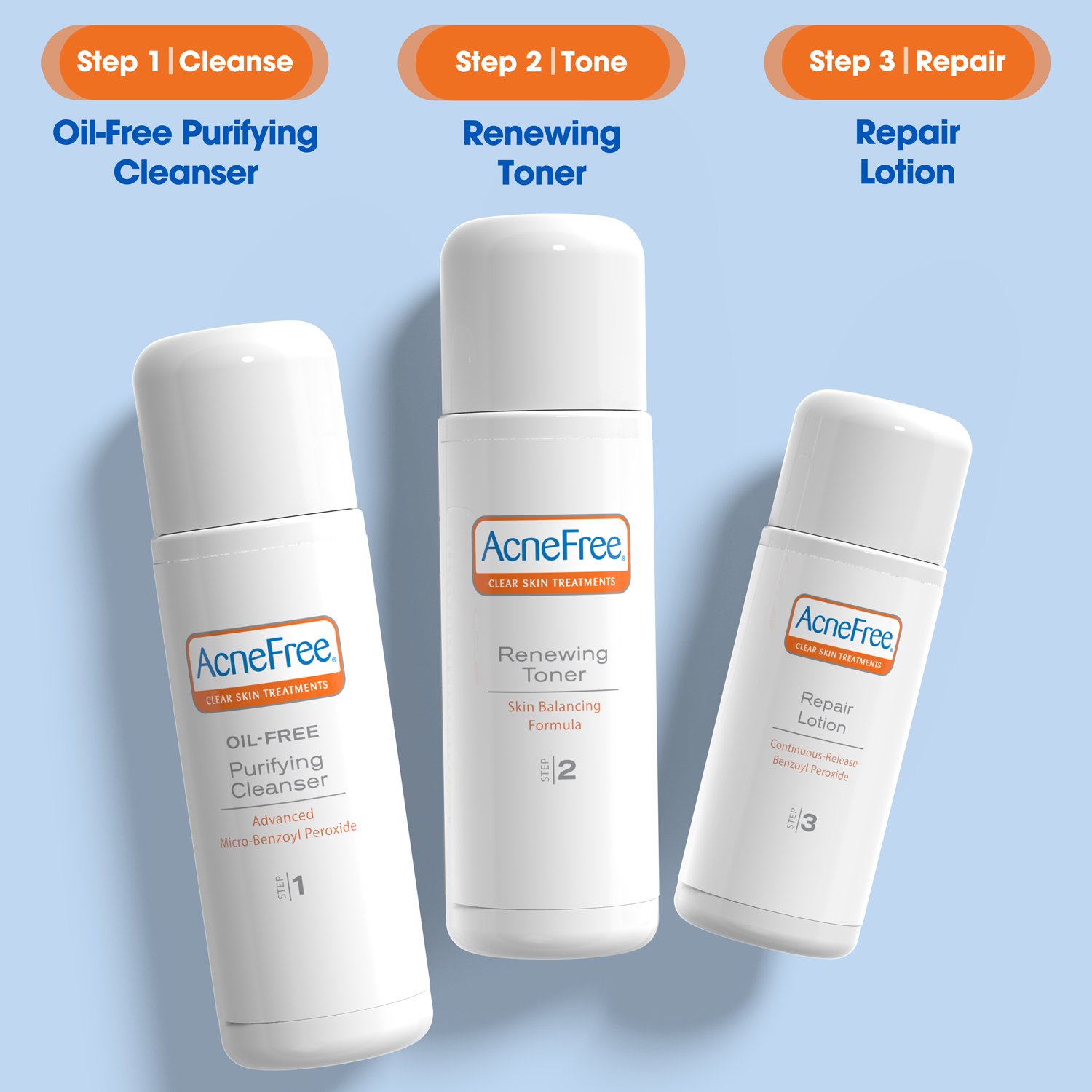 AcneFree 3 Step 24 Hour Acne Treatment Kit - Clearing System w Oil Free ...