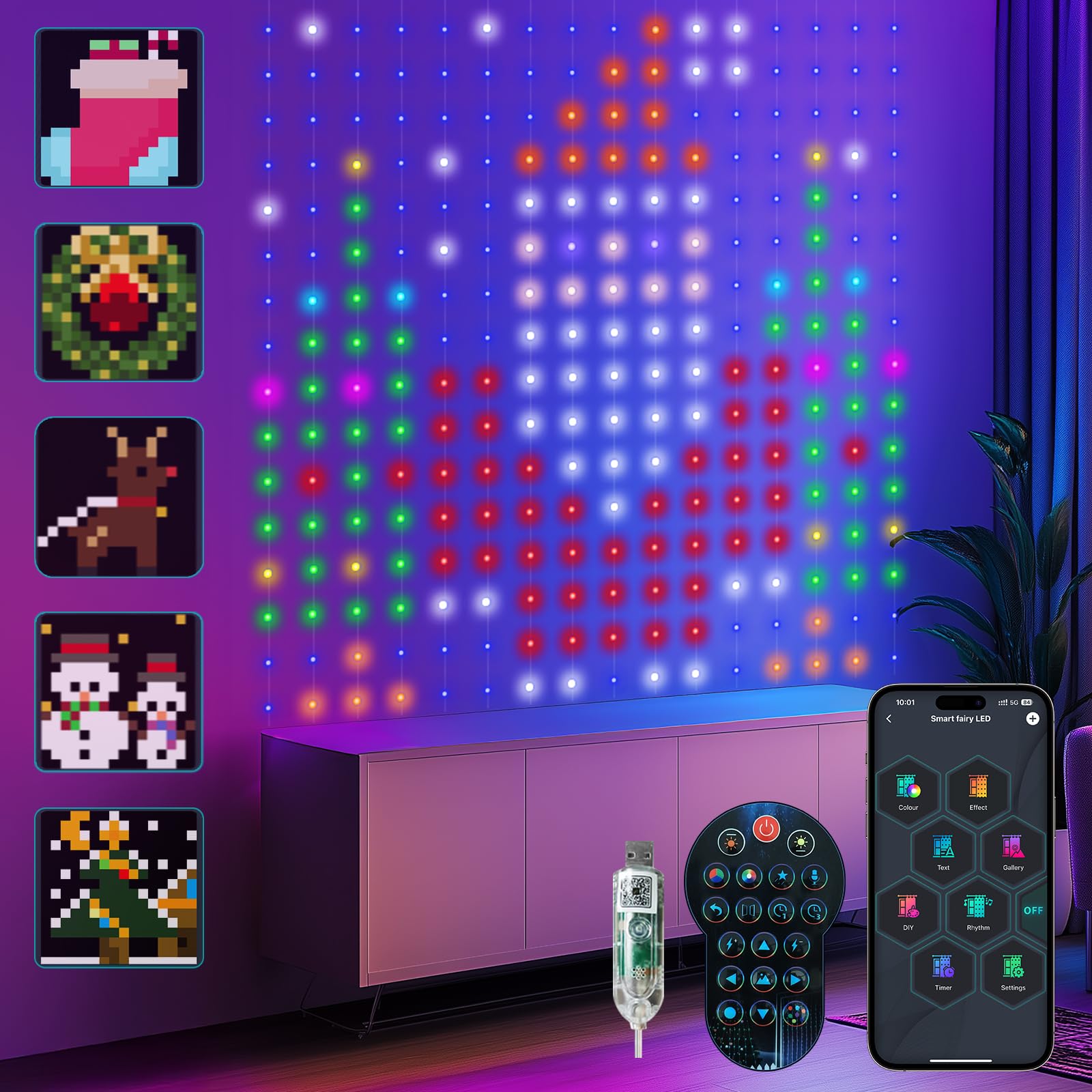 Super RGB Smart Curtain Lights, 7.9x7.9Ft 256 LED Color Changing Window ...