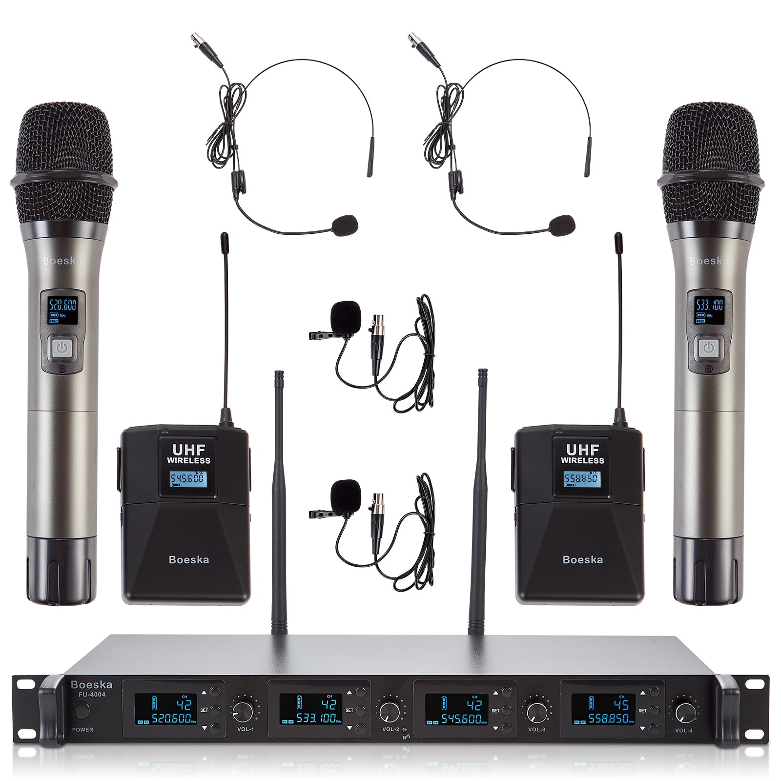 4 Channel Wireless Microphone System UHF 2 Cordless Handheld Mics and 2 ...