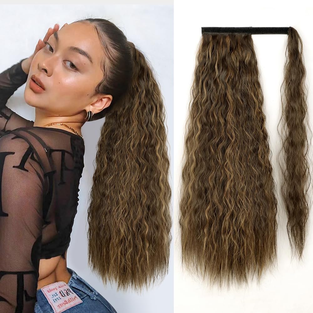 Rosooi Long Wave Corn Ponytail Extension Magic Paste Heat Wavy ...