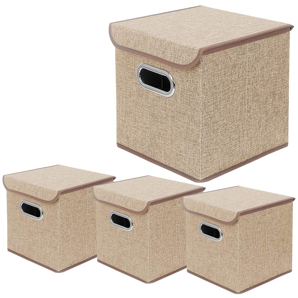 BeigeSwan Storage Bin [Set of 4] Linen Fabric Foldable Container with ...