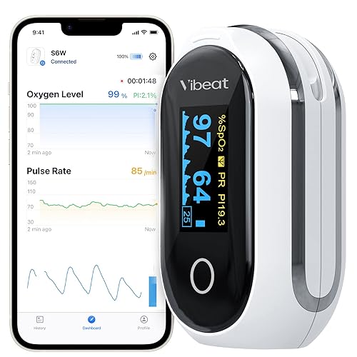 Vibeat Rechargeable Oxygen Meter Finger Pulse Oximeter, Bluetooth ...