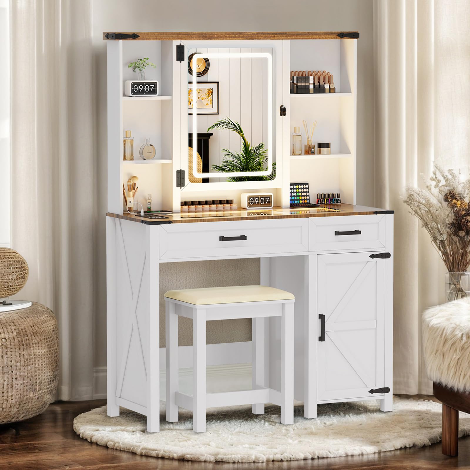 GlasFlength Farmhouse Makeup Vanity Desk with Mirror & Light, 40 ...