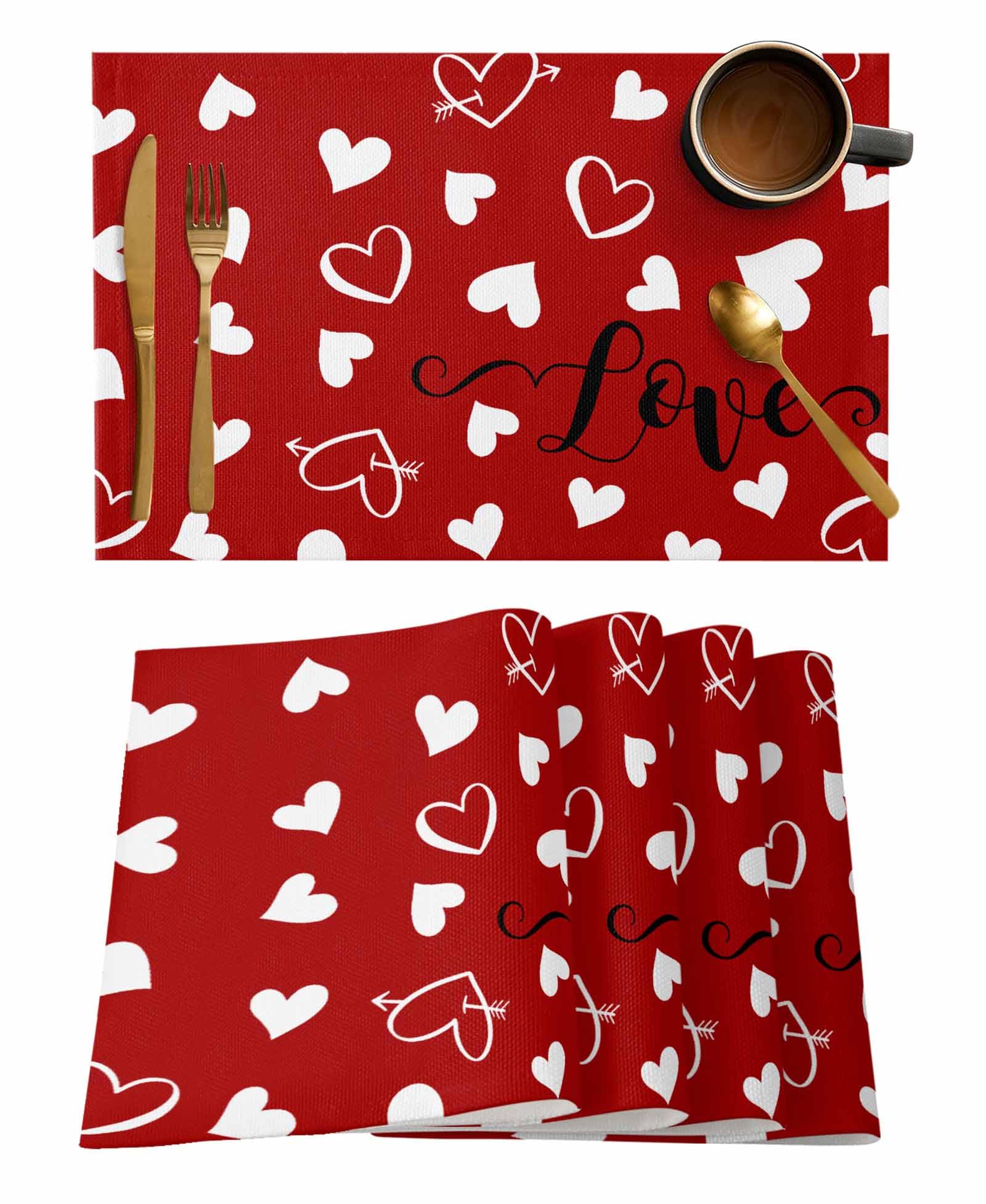 Red Valentine's Day Placemats Set of 6, Valentines Love Heart Heat ...