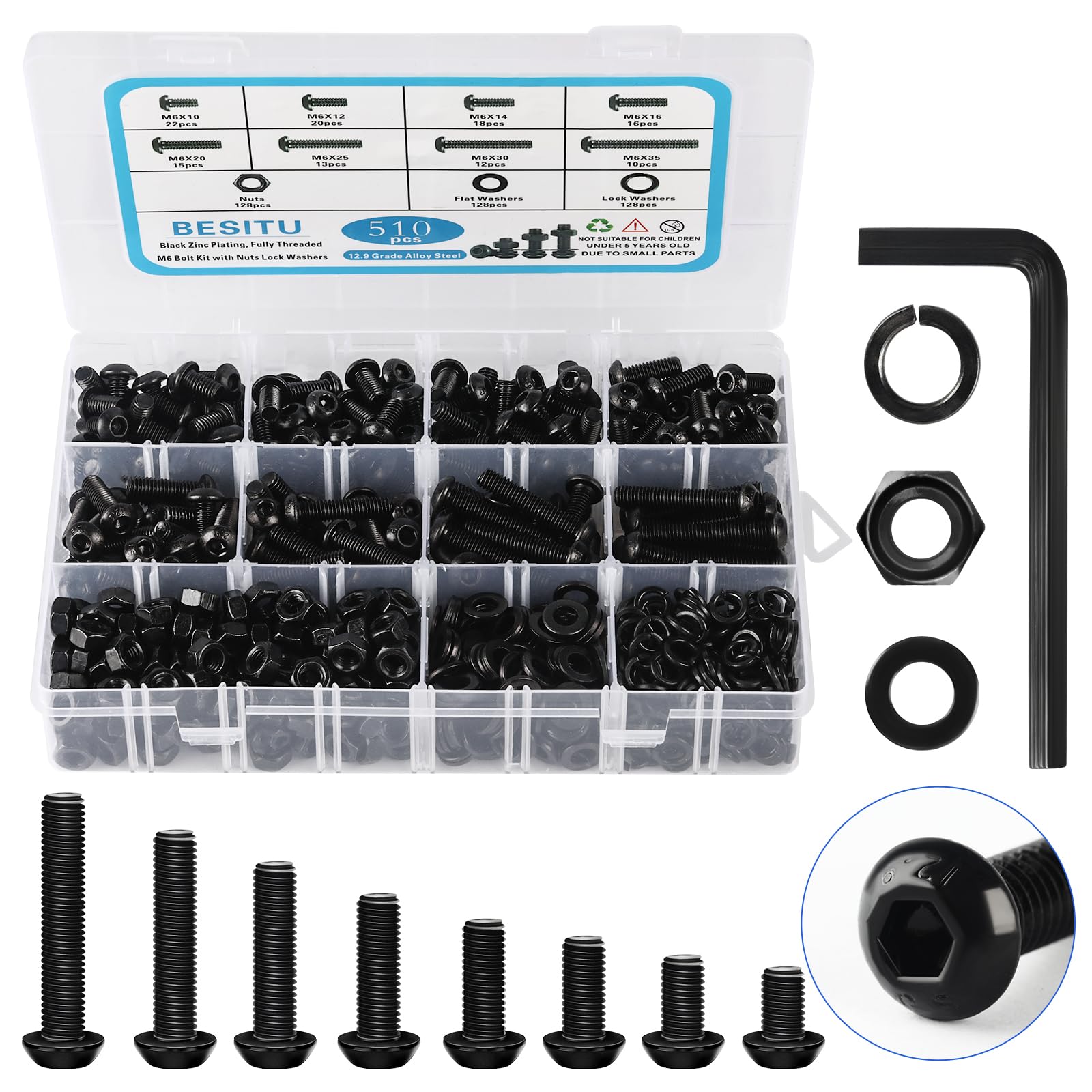 Besitu M6 Bolt Assortment Kit, 510Pcs M6 x 10/12/14/16/20/25/30/35mm ...
