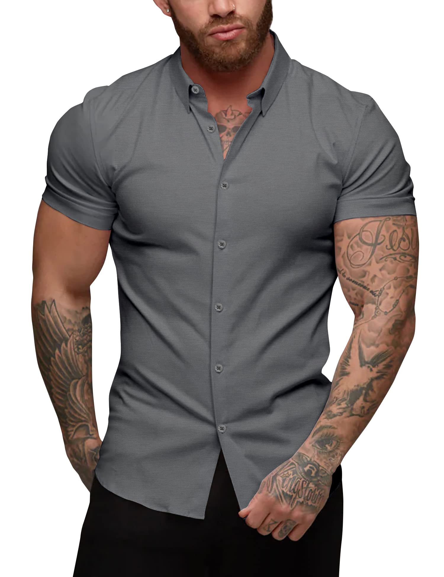 URRU Men's Muscle Dress Shirts Slim Fit Stretch Short Sleeve Casual Button Down Shirts for Men ...