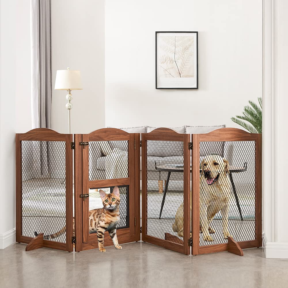 beeNbkks Freestanding Pet Gate with Cat Door Walk Through, Retractable ...