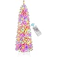 Amazon.com: SHareconn 6ft Prelit Snow Flocked Artificial Hinged Slim Pencil Christmas Tree, with ...