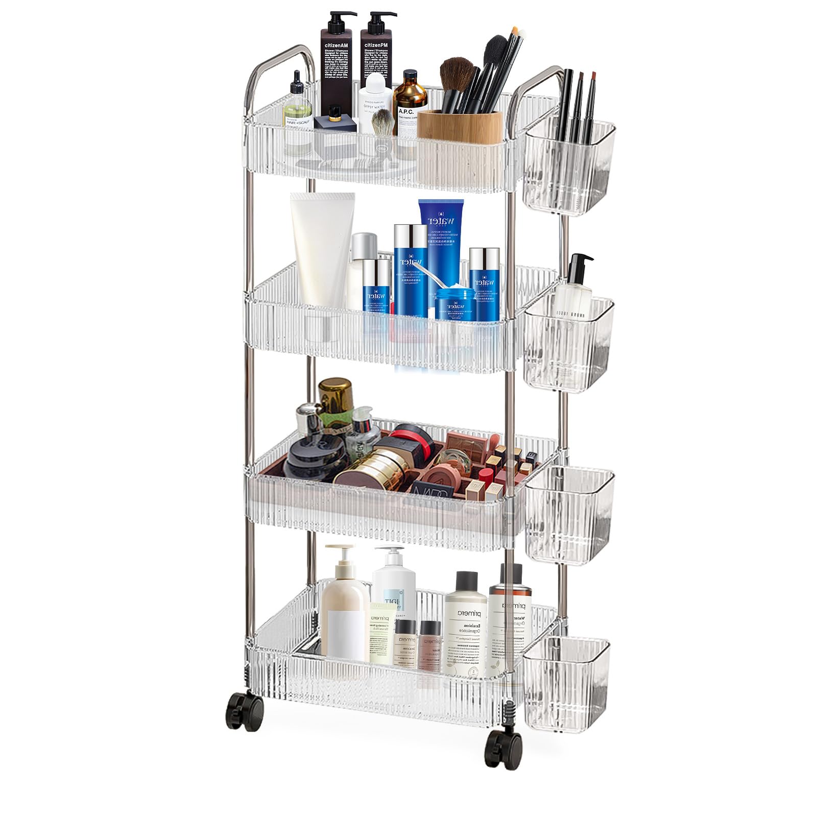 DKALIO 4 Tier Rolling Cart with Hanging Basket, Acrylic Storage Carts ...