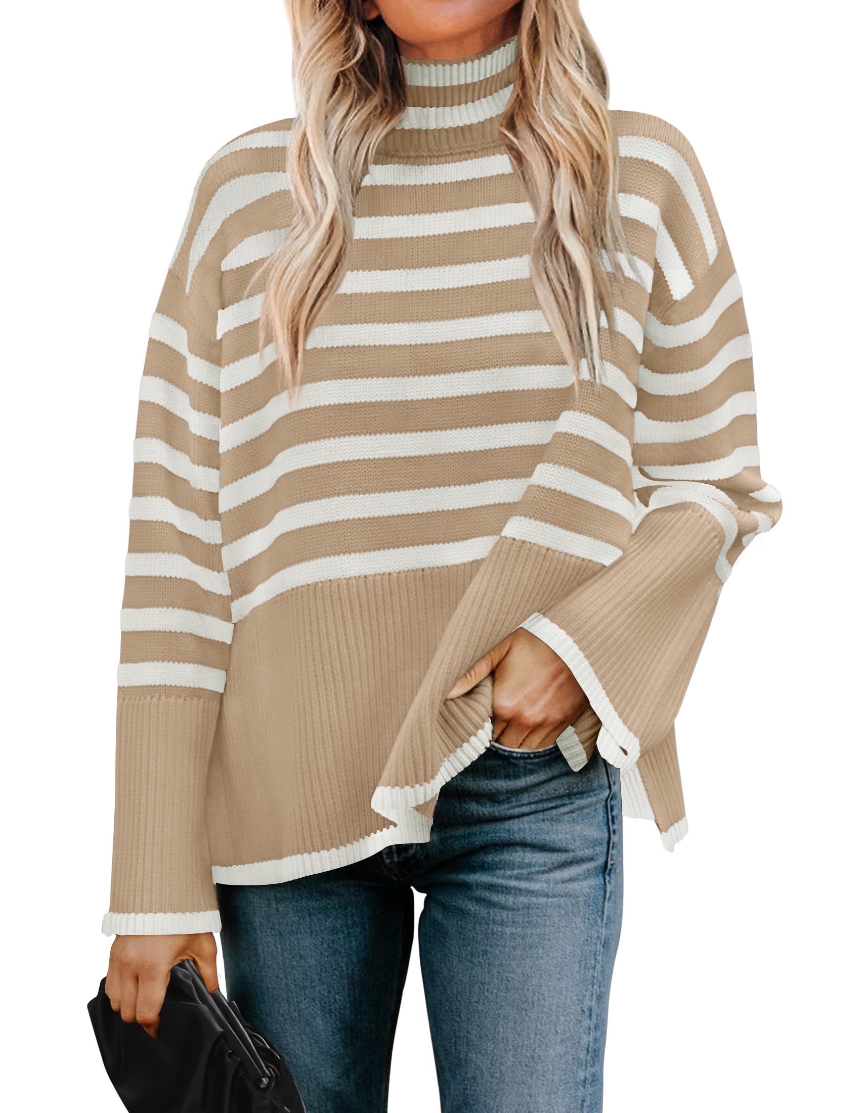 ZESICA Women's Winter Sweaters Casual Turtleneck Long Sleeve Striped ...