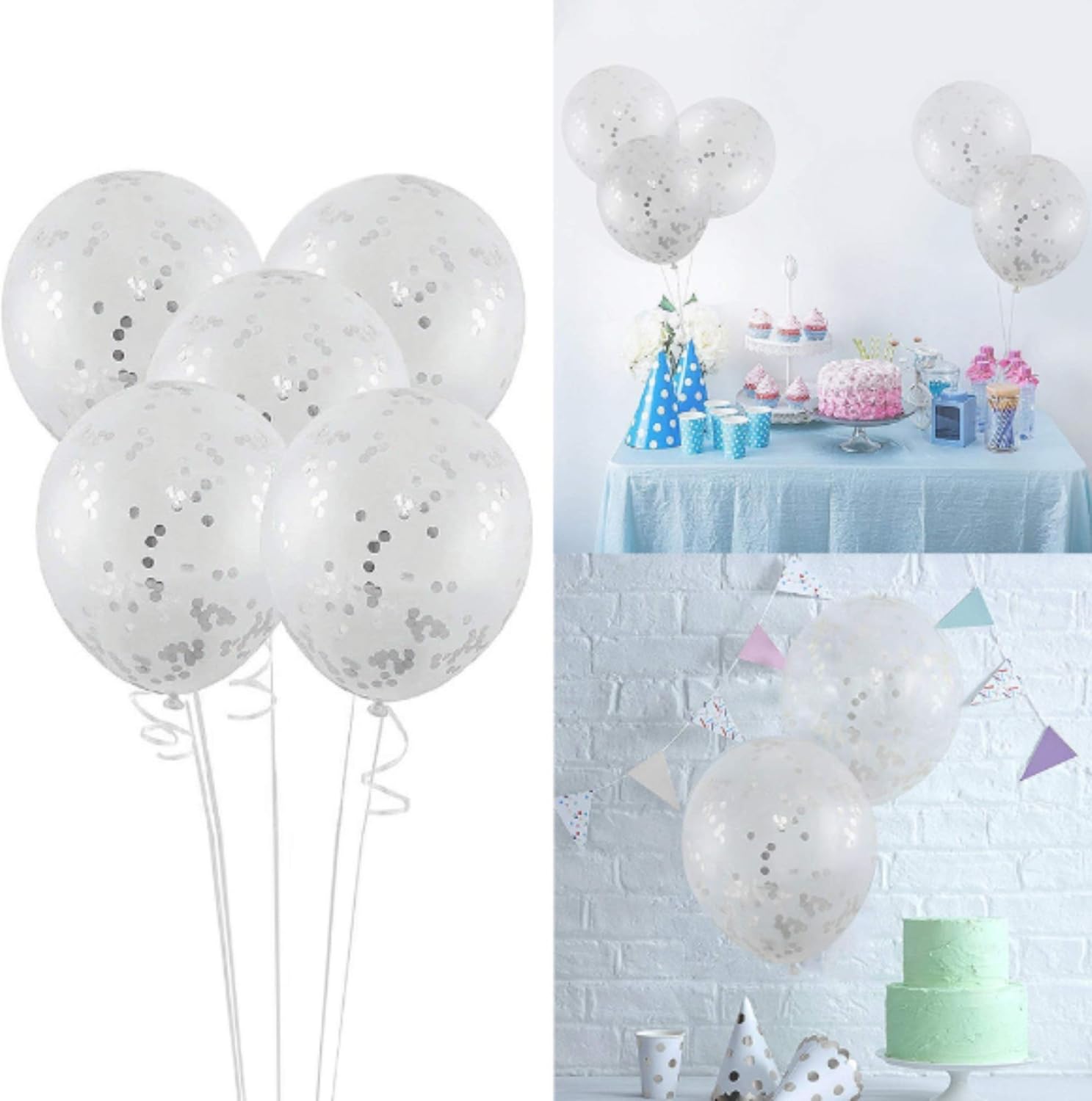 Anan Shu 5 Pcs Silver 12 inch Round Latex Confetti Sequins Balloons ...