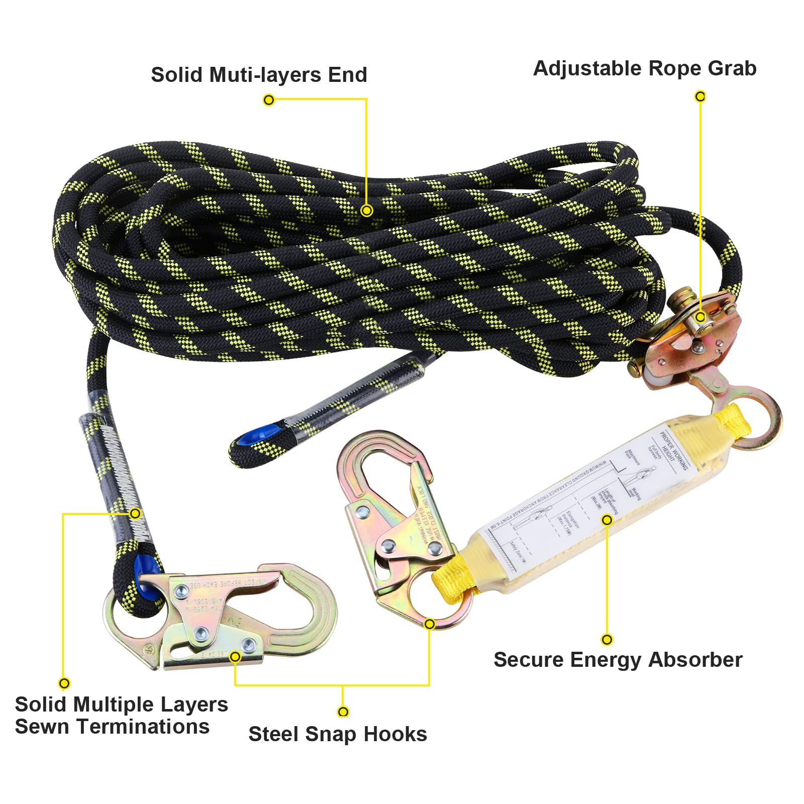 Vertical Lifeline Rope Assembly 75ft With Rope Grab Snap Hooks Shock ...