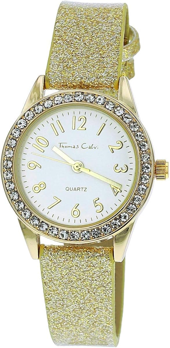 Thomas Calvi Ladies Analogue White Dial Clear Rhinestone Bezel Yellow ...