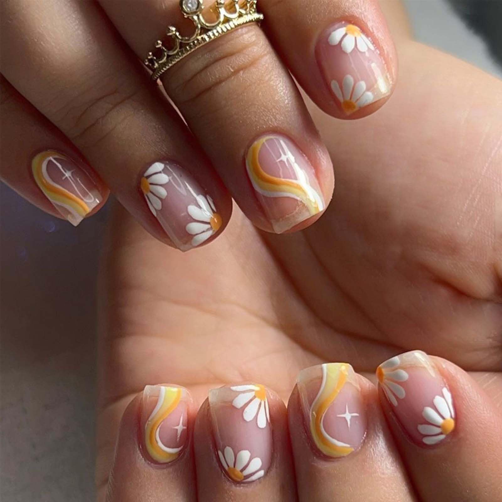 Square Press on Nails Short Fake Nails Flower with Wave Design Full ...