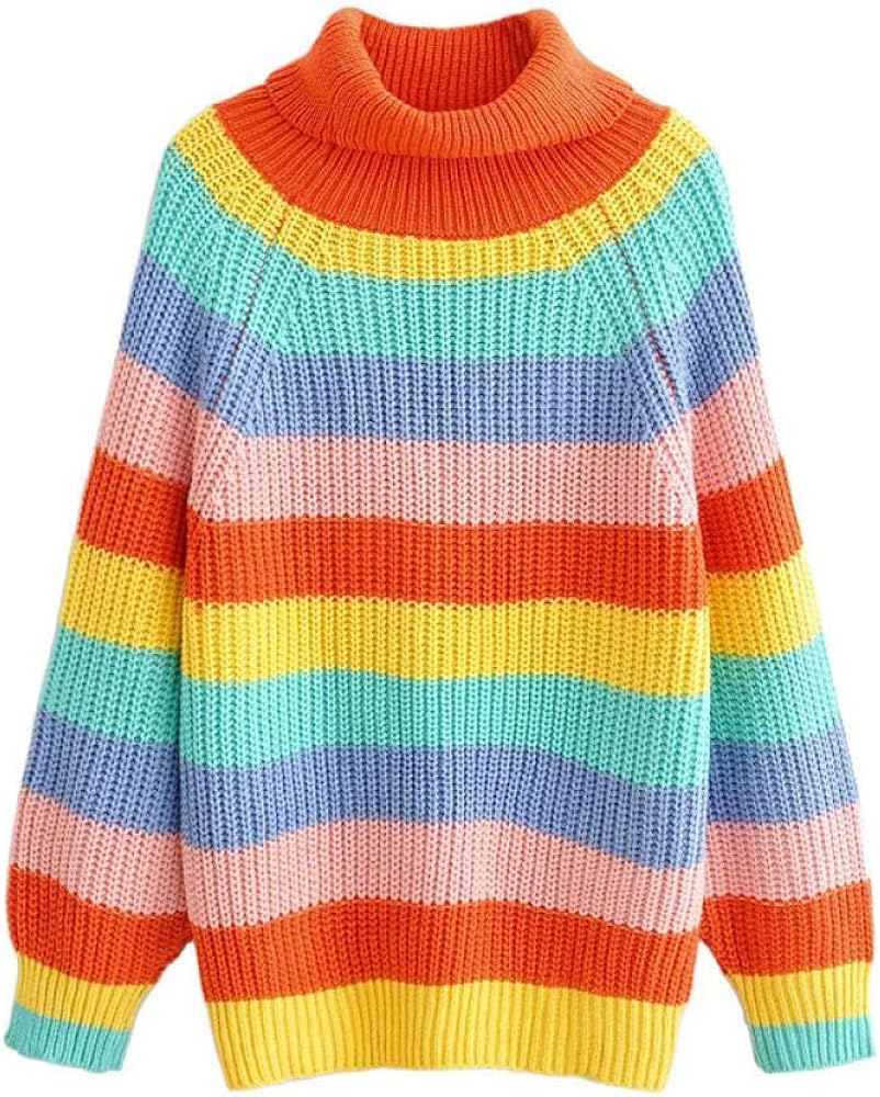YTYH Pullover Top Bunte Regenbogen gestreifte gestrickte Lange Pullover ...