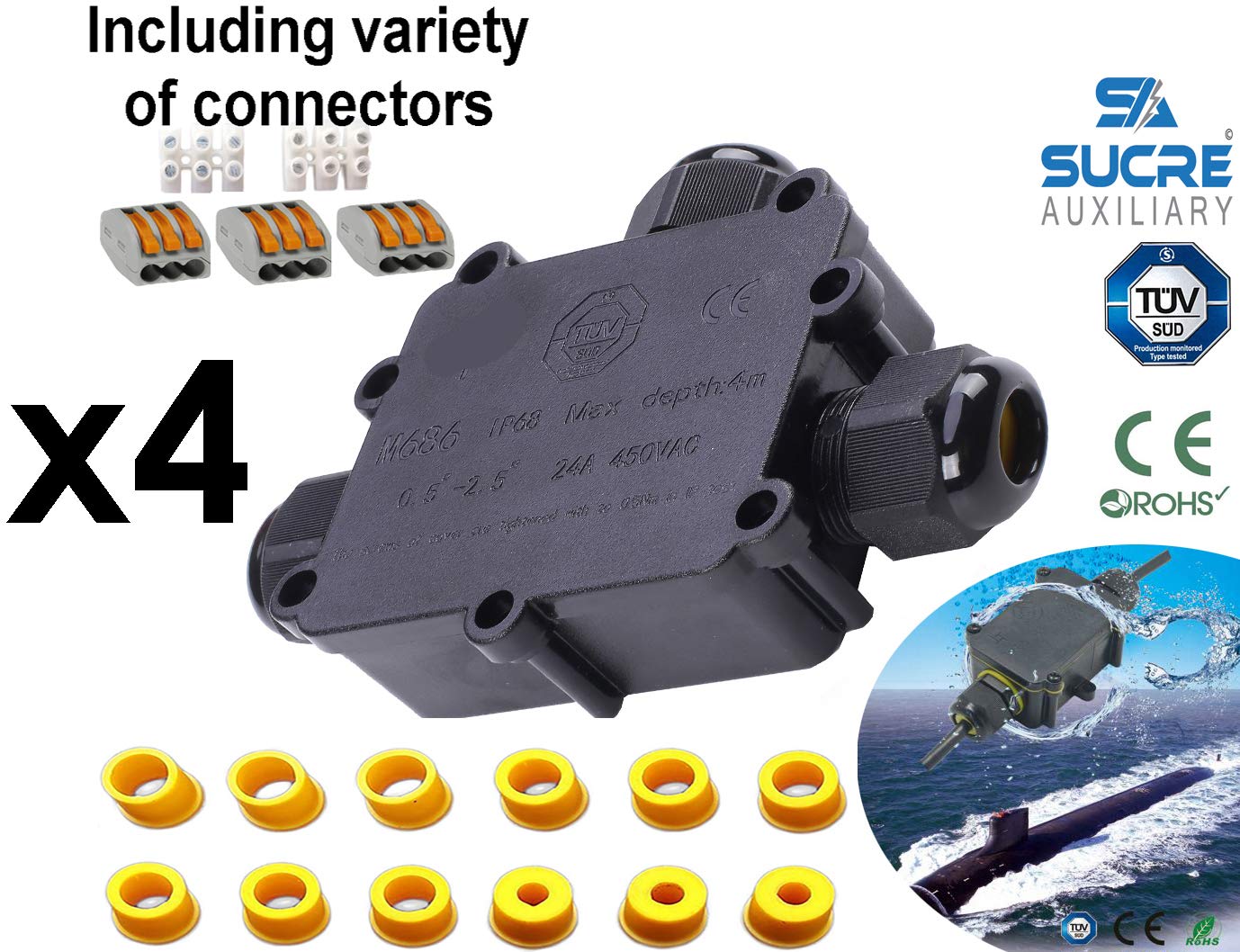 4 Packs of 24A 450V AC IP68 Waterproof T Shape 3 Way Electrical Cable ...