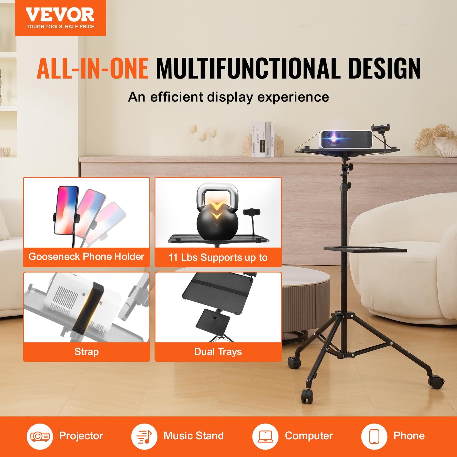 VEVOR Projector Stand With Wheels, Laptop Stand Tripod Adjustable ...