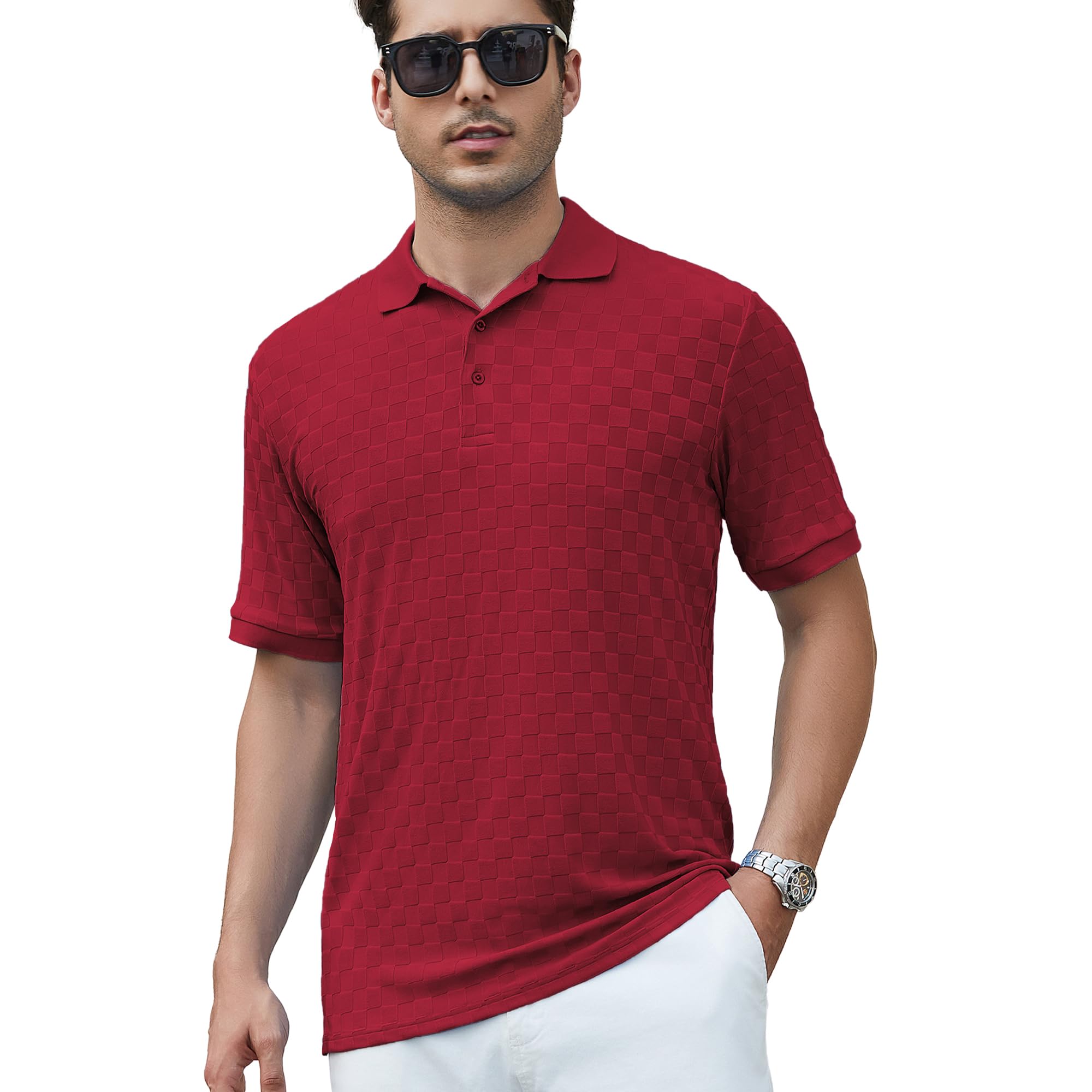 Esabel.C Mens Knit Polo Shirts Short Sleeve Checked Casual Shirt Textured Jacquard Polo Shirts ...