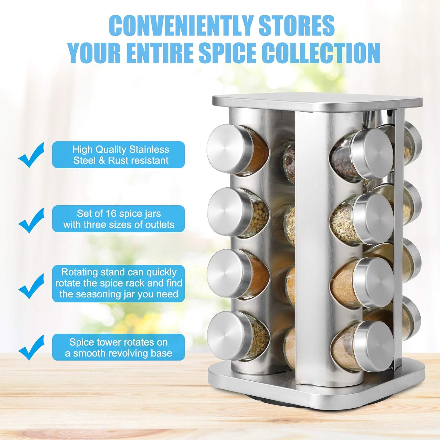 Spice Rack with 16 Jars, Countertop Spice Tower, Round Spice Rack ...