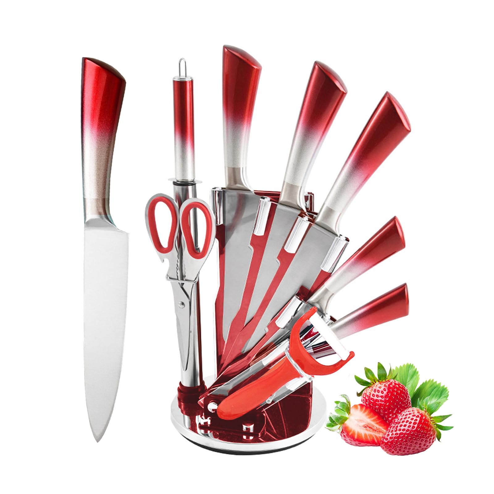 Red Professional 9-Piece Kitchen Knife Set with Acrylic Block, Non ...