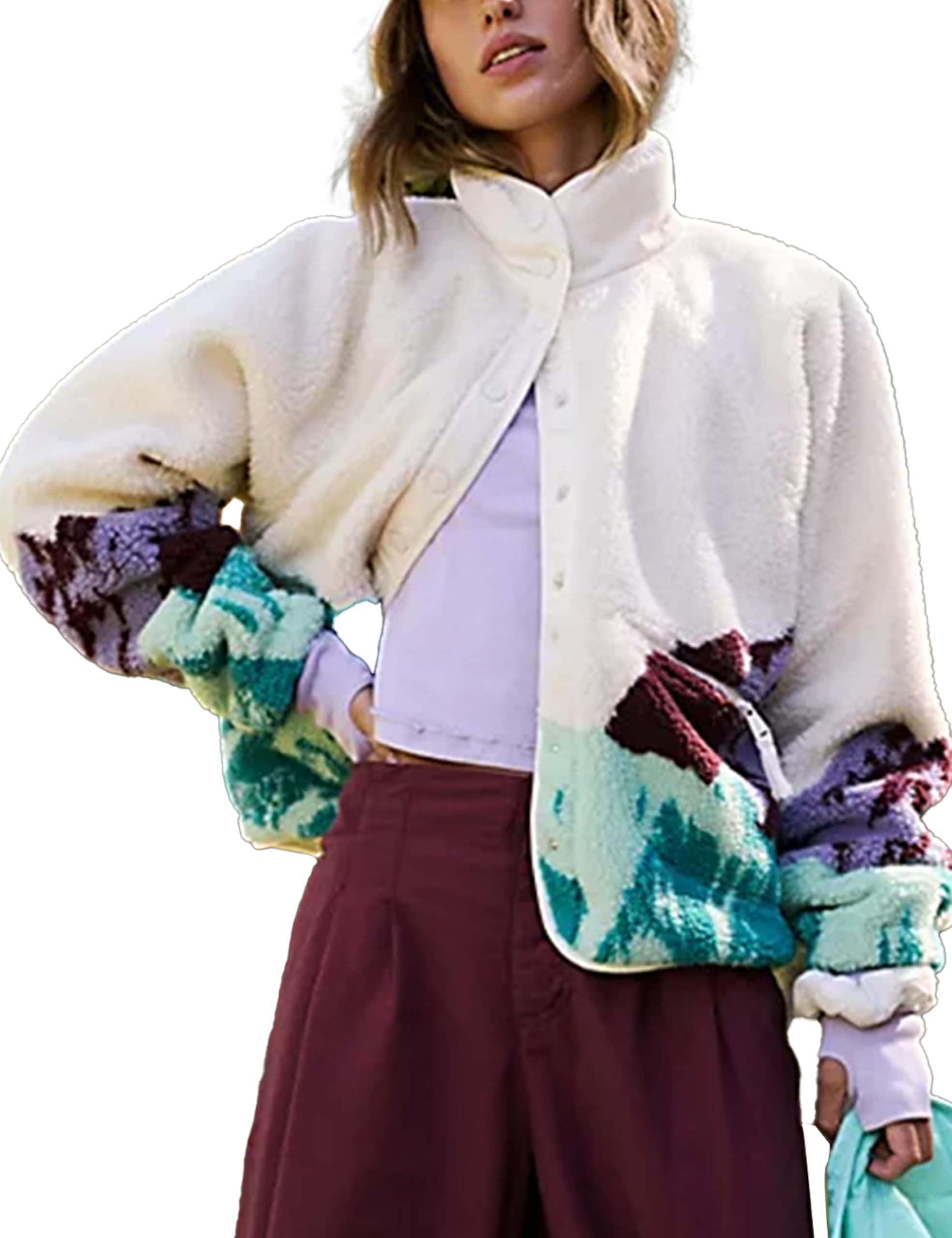 Kumufenc Womens Fleece Fall Printed Jacket 2024 Trendy Sherpa Button ...