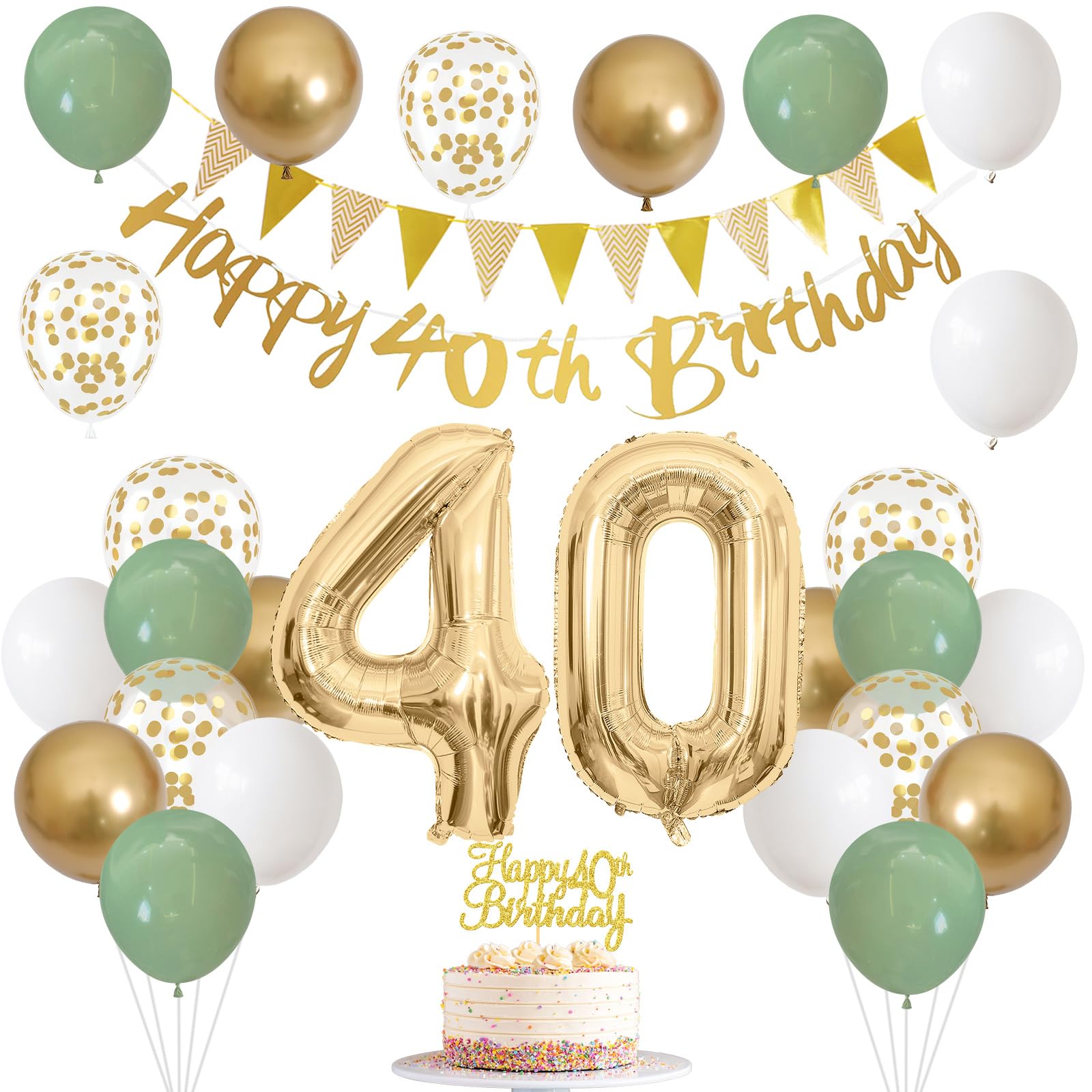 Sage Green White Gold 40th Birthday Balloons with Happy 40th Banner ...