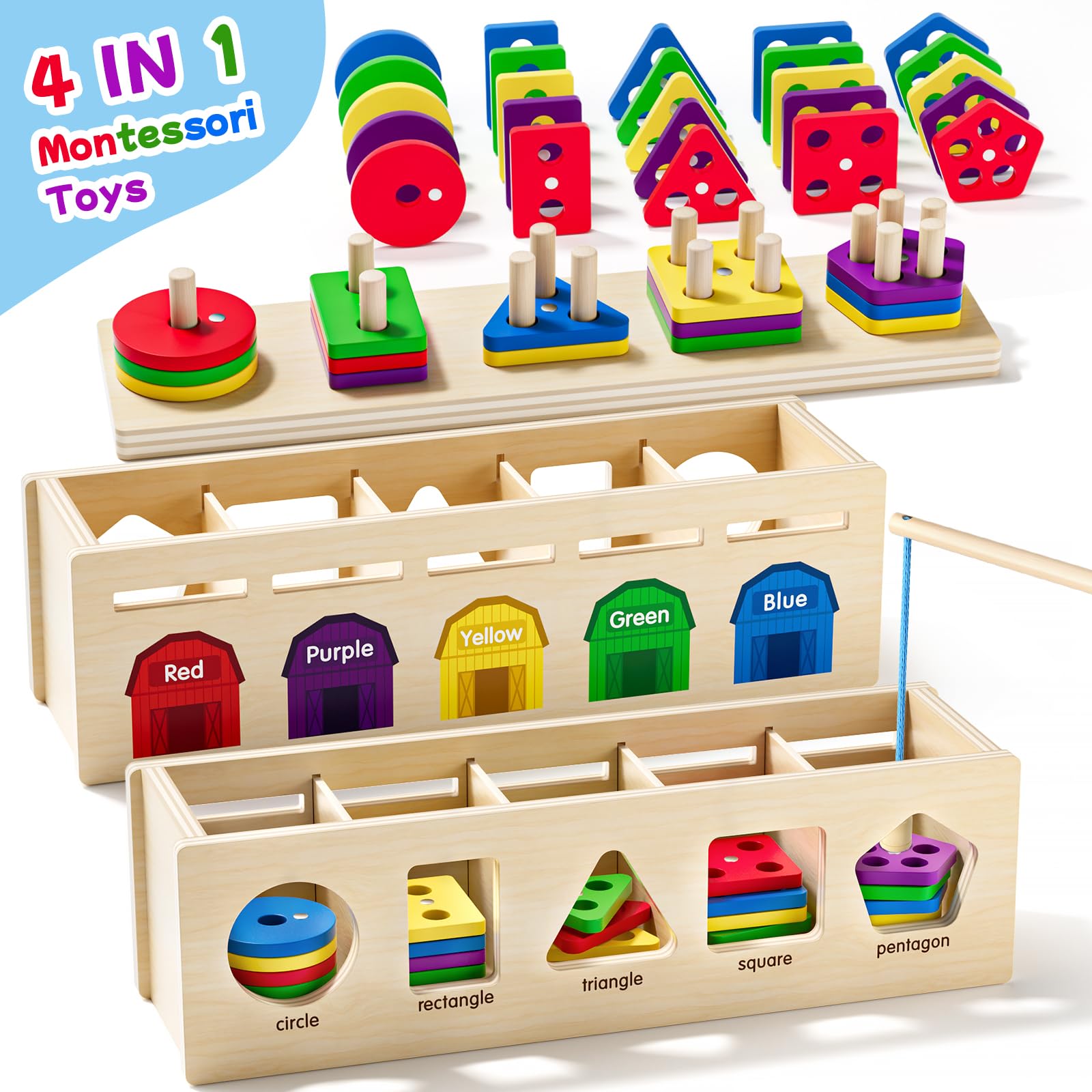 UMEREACT Montessori 4 in 1 Wooden Sorting Shape Sorter and Stacking Toy ...