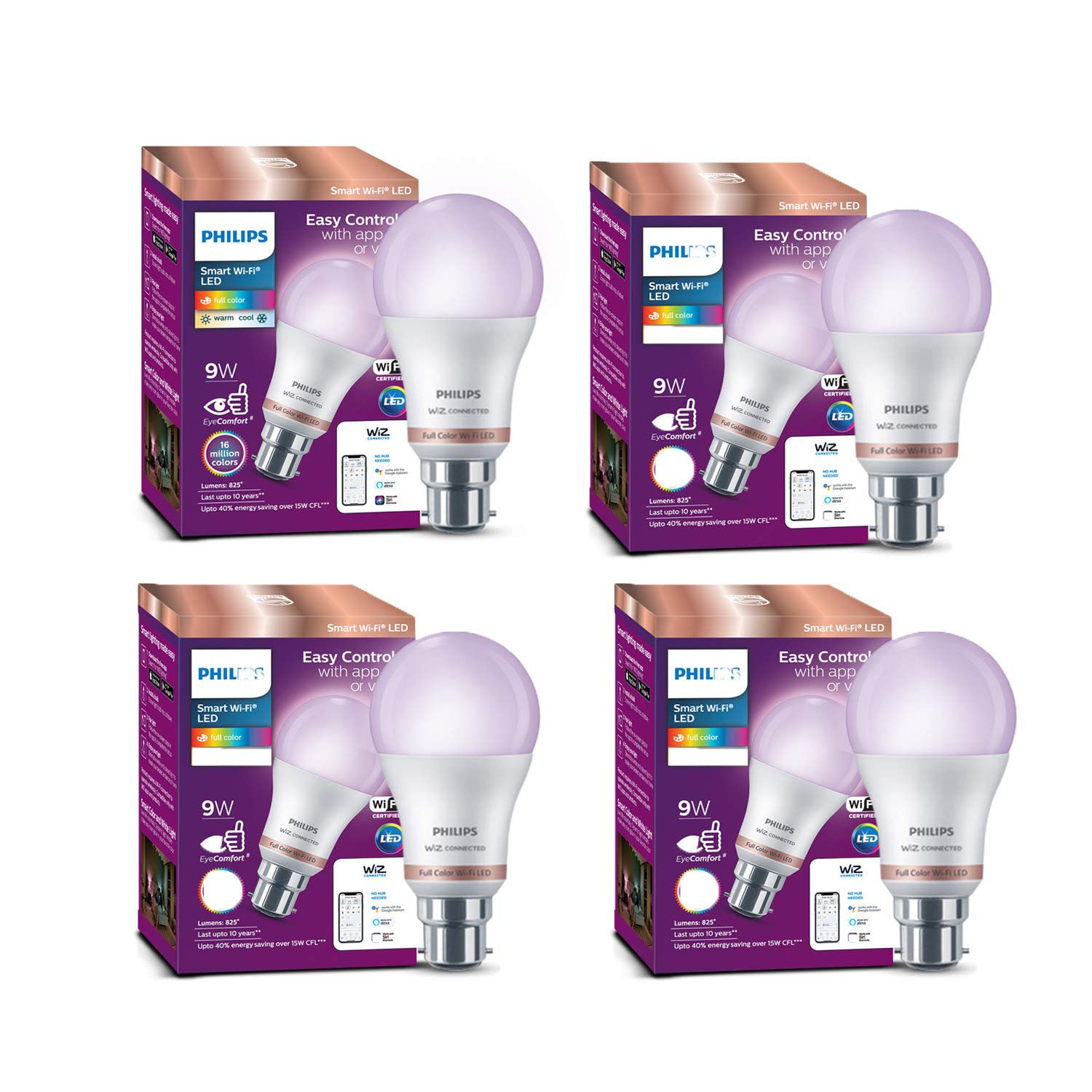 Buy Philips Smart Wi-Fi LED Bulb B22 9-Watt WiZ Connected (Pack of 4 ...