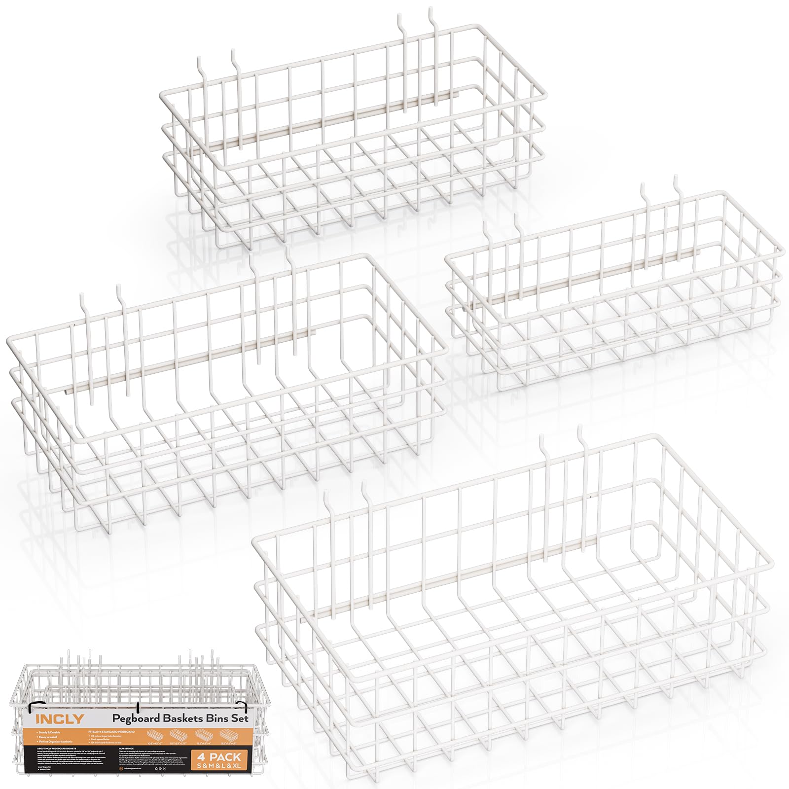 INCLY 4 Pack Pegboard Baskets Bins Set, 4 Size Square Style Metal White ...