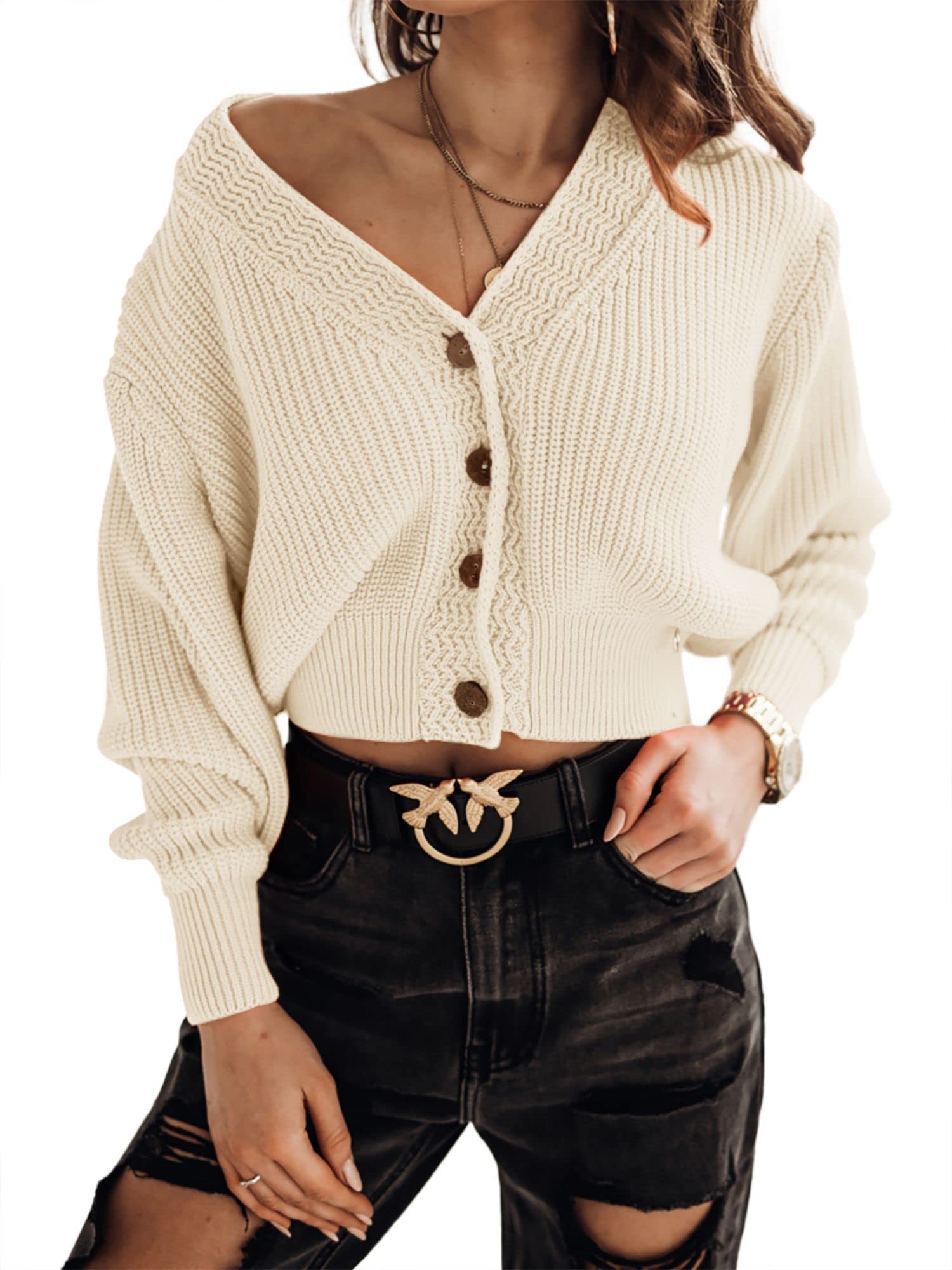 Women's Button Down Cropped Cardigans Long Sleeve Rib Knit Fall Shrug ...