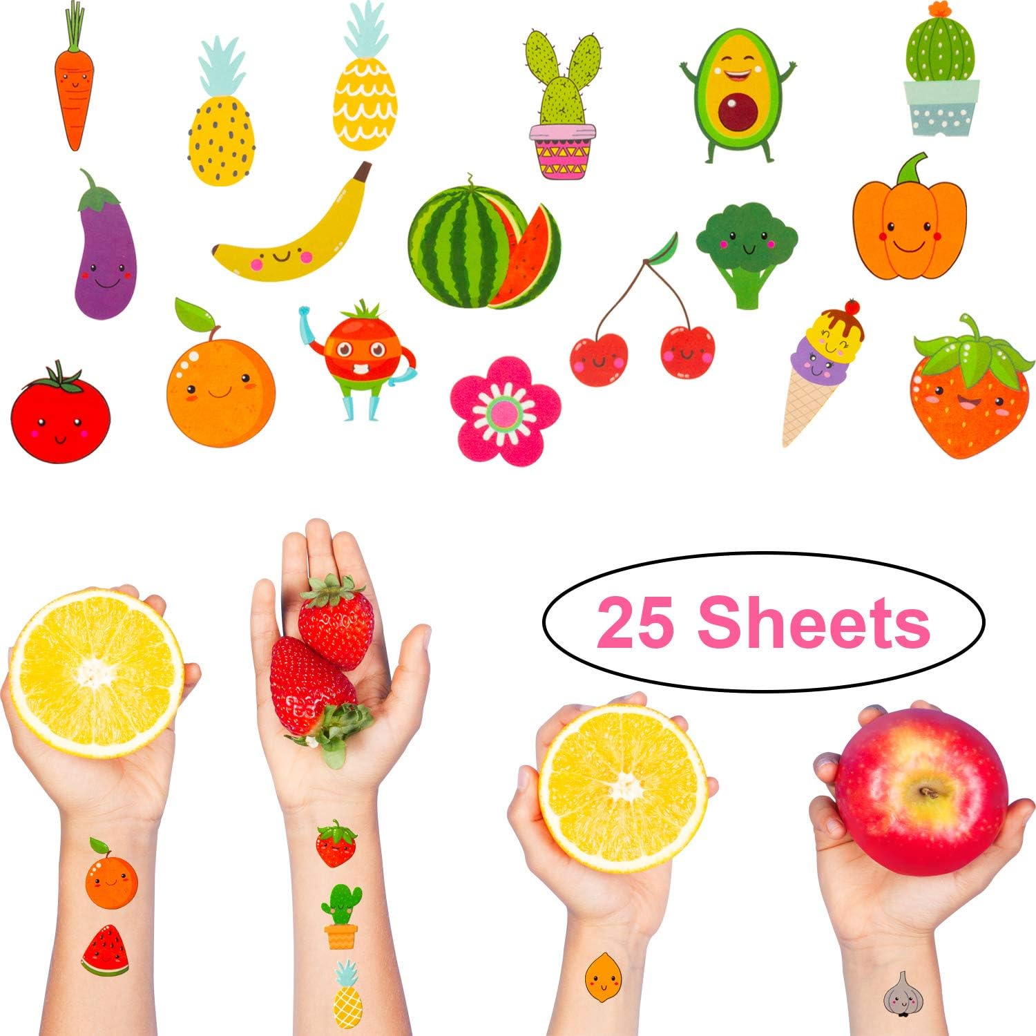 25 Sheets Waterproof Summer Temporary Tattoos Kids Fruits Vegetables ...