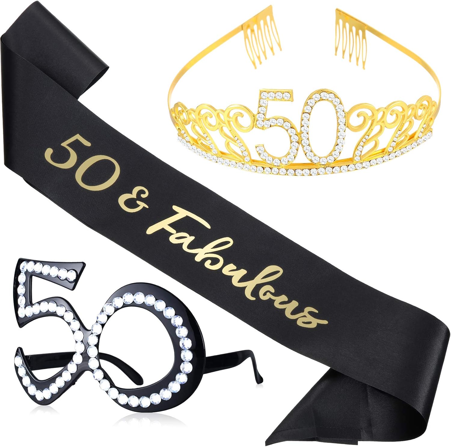 50th Birthday Tiara and Sash Golden Crystal Rhinestone Crown Faux ...