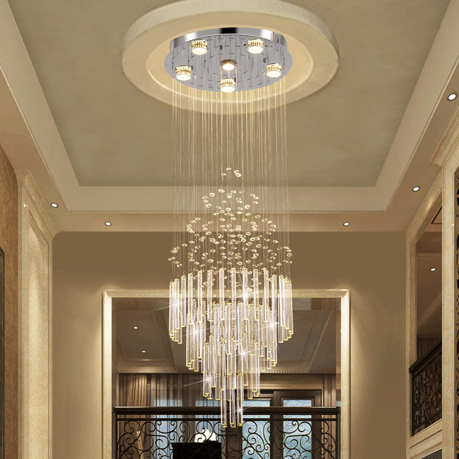 6-Light Flush Mount High Ceiling Chandelier, Modern Raindrop Crystal ...