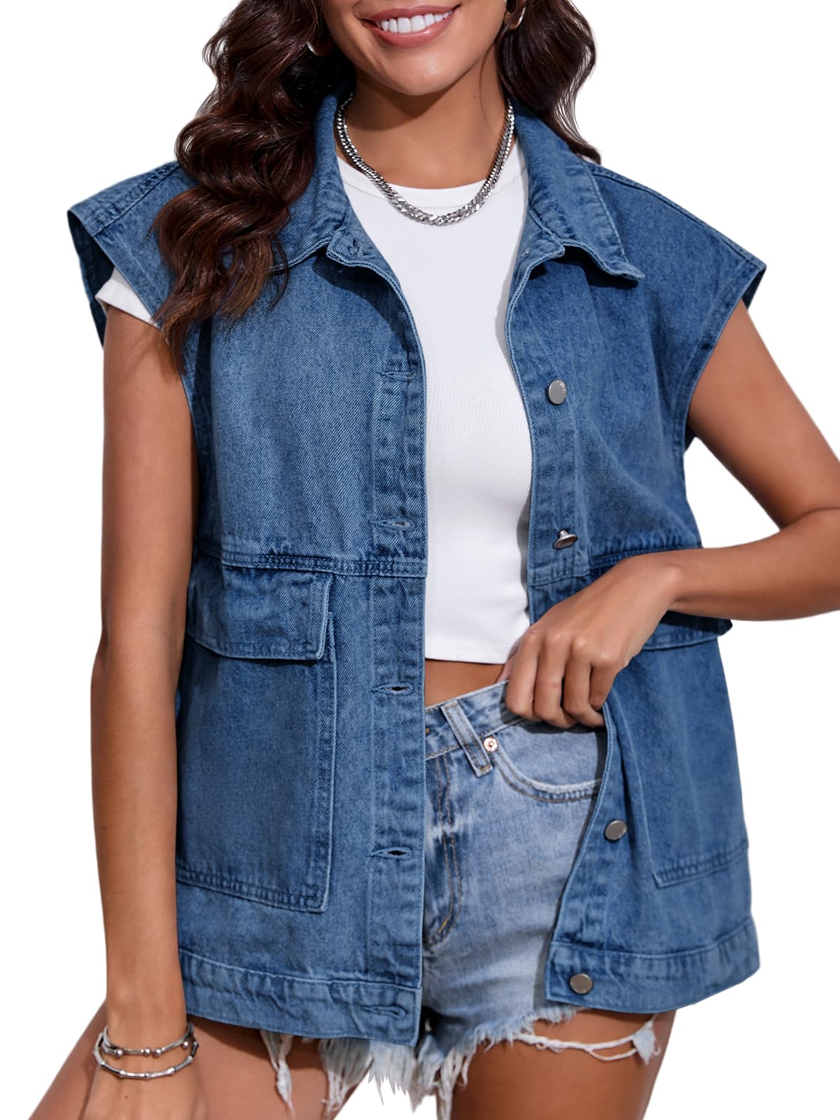PLNOTME Women's Oversized Jean Vest Casual Denim Cap Sleeve Vest Trendy ...