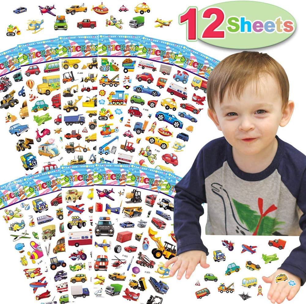 12 Sheets Vehicle Stickers for Kids, Kids Fun Transportation Stickers ...
