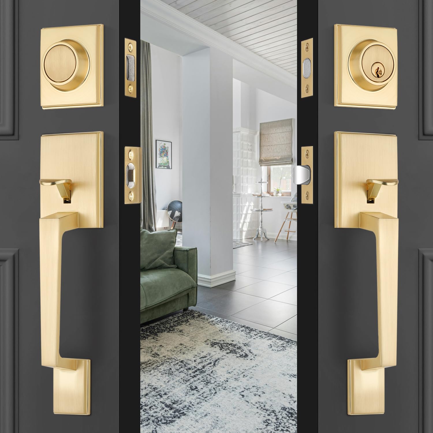 EHOMEWARE Brass Double Front Door Handle Set, Gold Heavy Duty Square ...