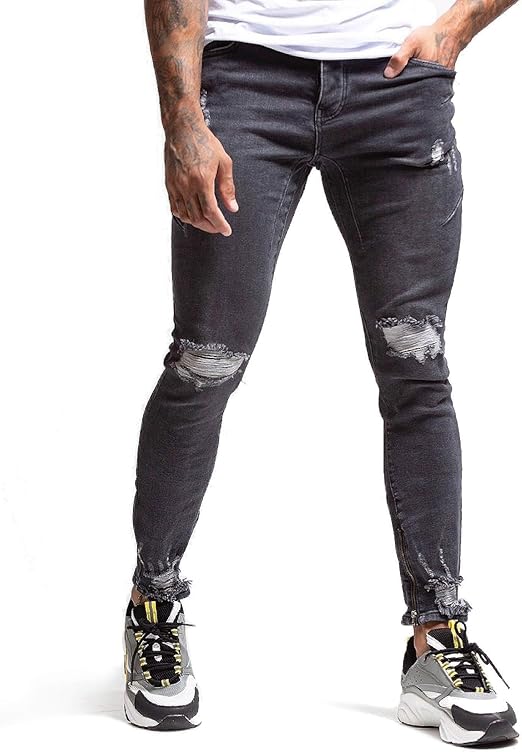 Jean Noir Effet usé délavé déchiré troué Genoux et Poches pour Homme ...