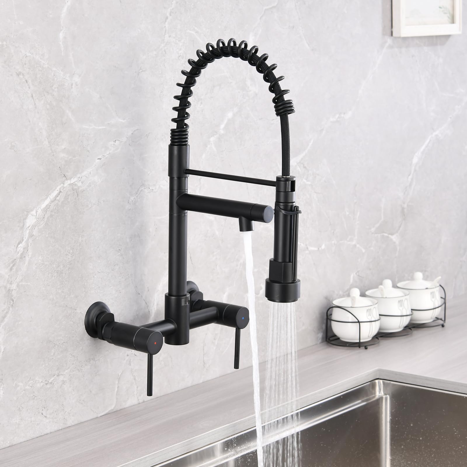 Dornberg Wall Mount Kitchen Faucet with Pull Down Sprayer, Commercial ...