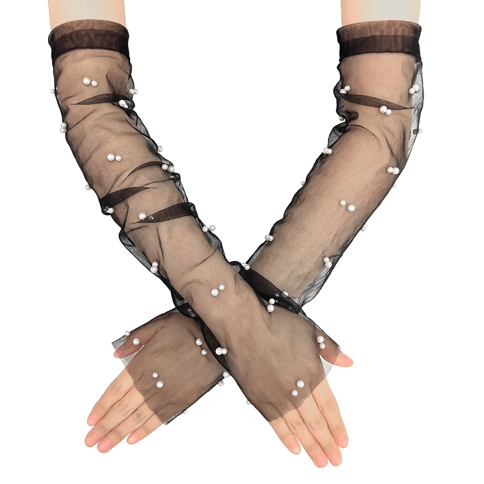 Pearl Gloves, Black Sheer Gloves, Long Wedding Gloves for Bride, Black ...