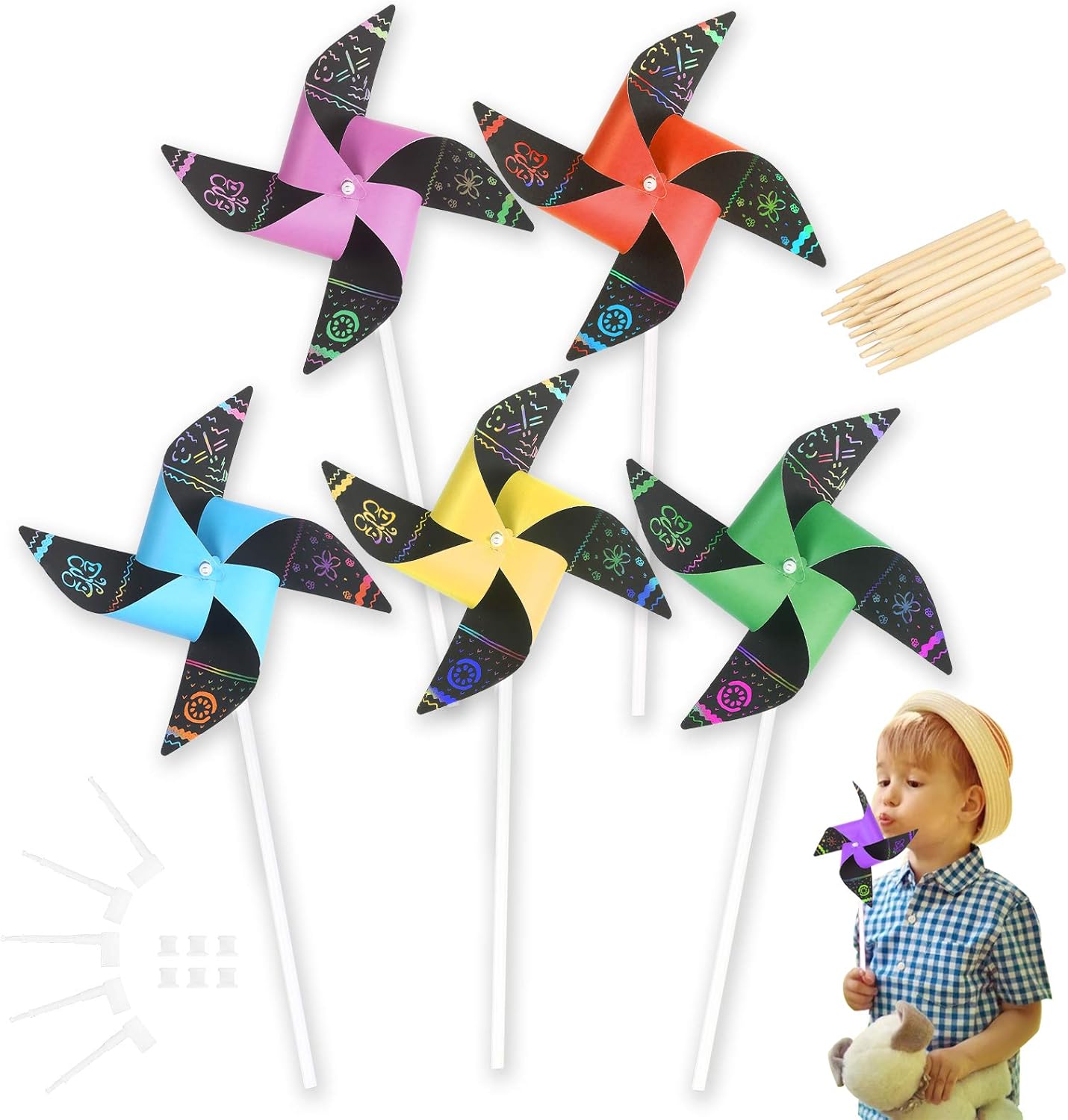 ZERHOK Scratch Art Windmill, 24pcs Scratch Paper Whirly Pinwheel Kit Magic Rainbow Paper Wind ...