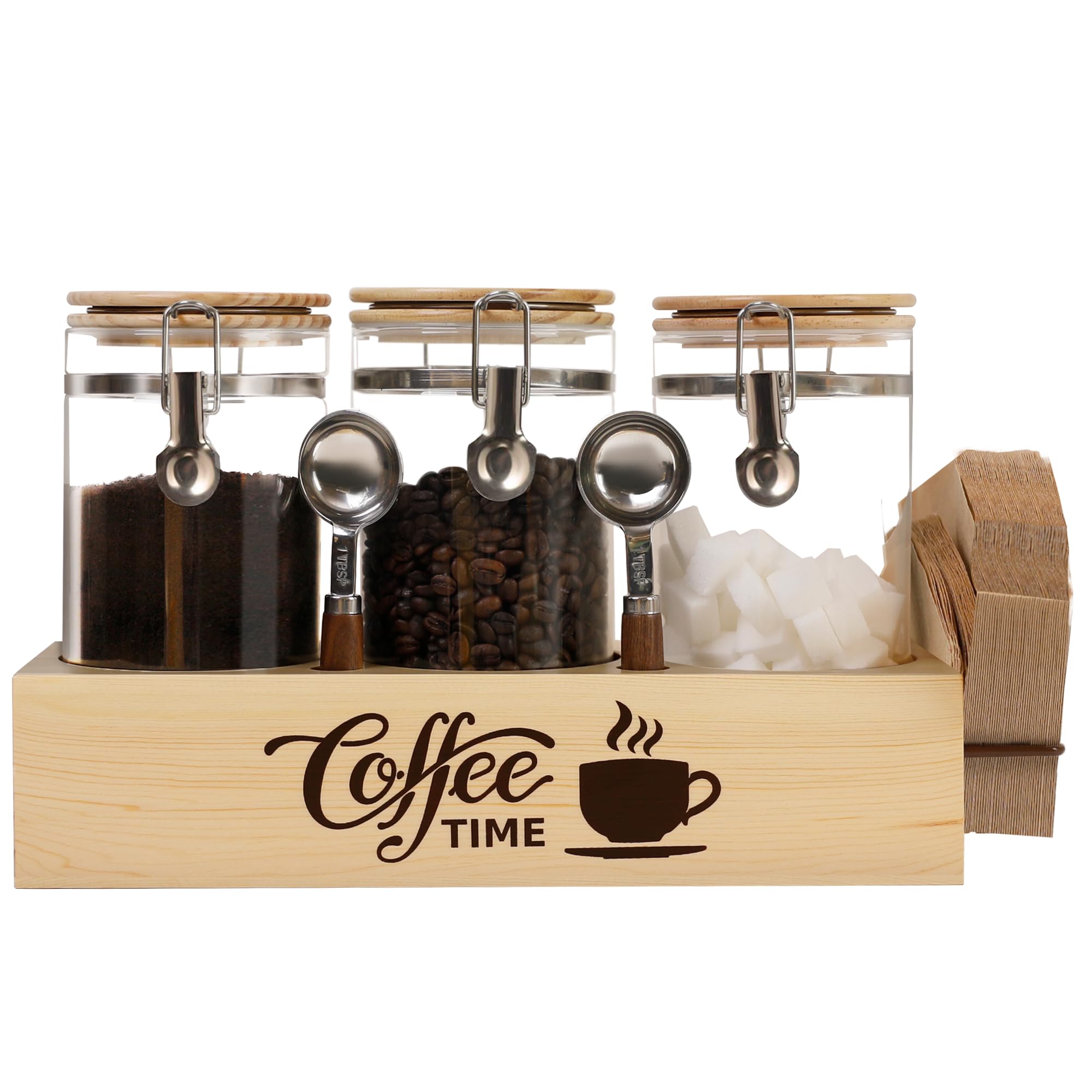 EQEY Glass Coffee Canister Set with Shelf & Spoons 3 Piece Coffee ...