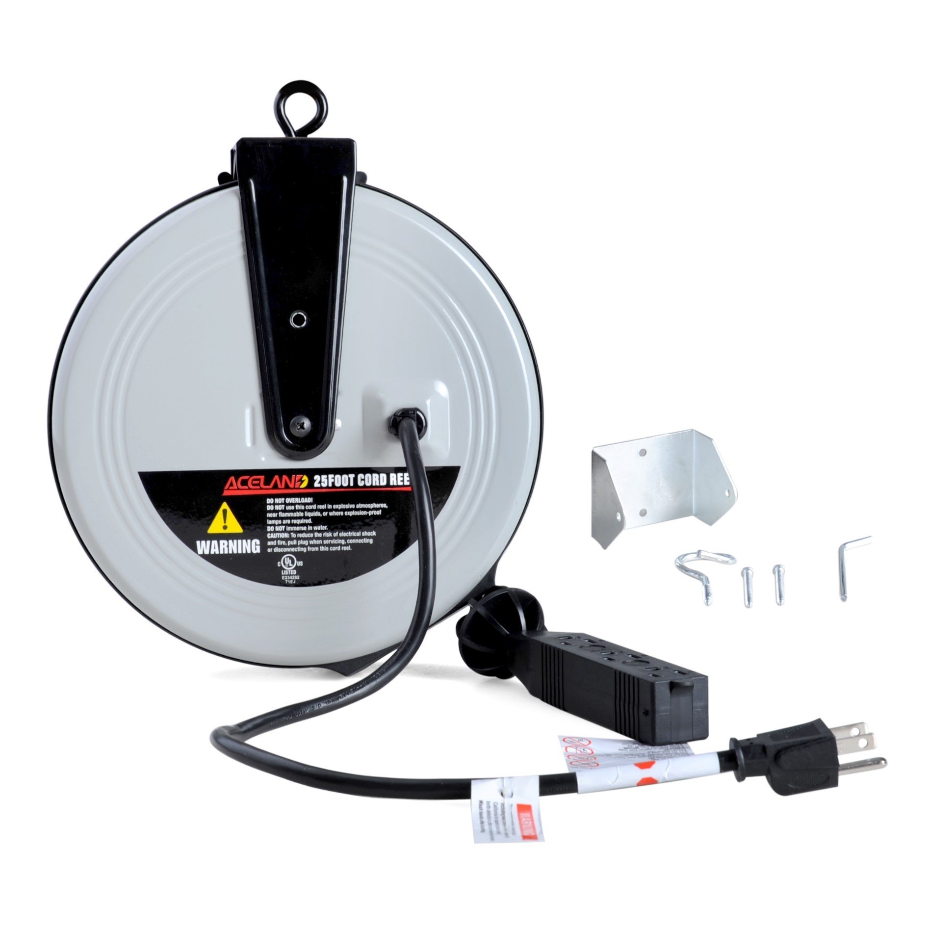 Aceland 16/3 25ft Retractable Metal Cord Reel with 3 Grounded Outlets ...