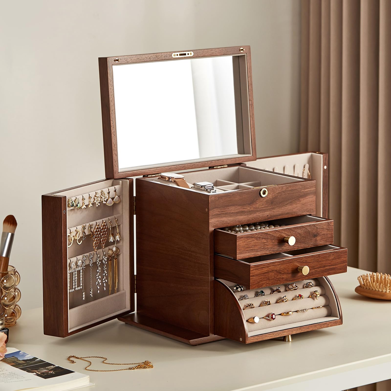 Homruilink Black Walnut Wooden Jewelry Box, 4-Layer Solid Wood Jewelry ...
