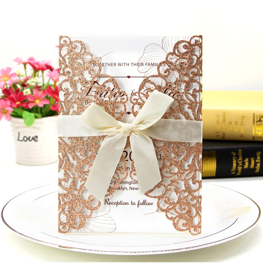 Gold Glitter Invitation Blank Template 25PCS Gold Glitter Laser Cut