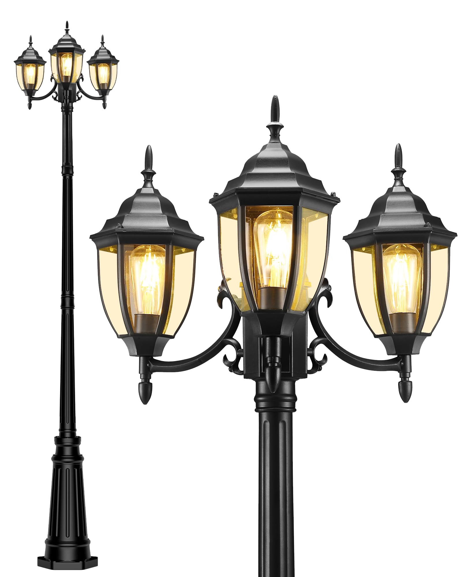 HORTUZZ Lamp Post Outdoor Lighting, 3-Head Black Hard Wired Pole Light ...