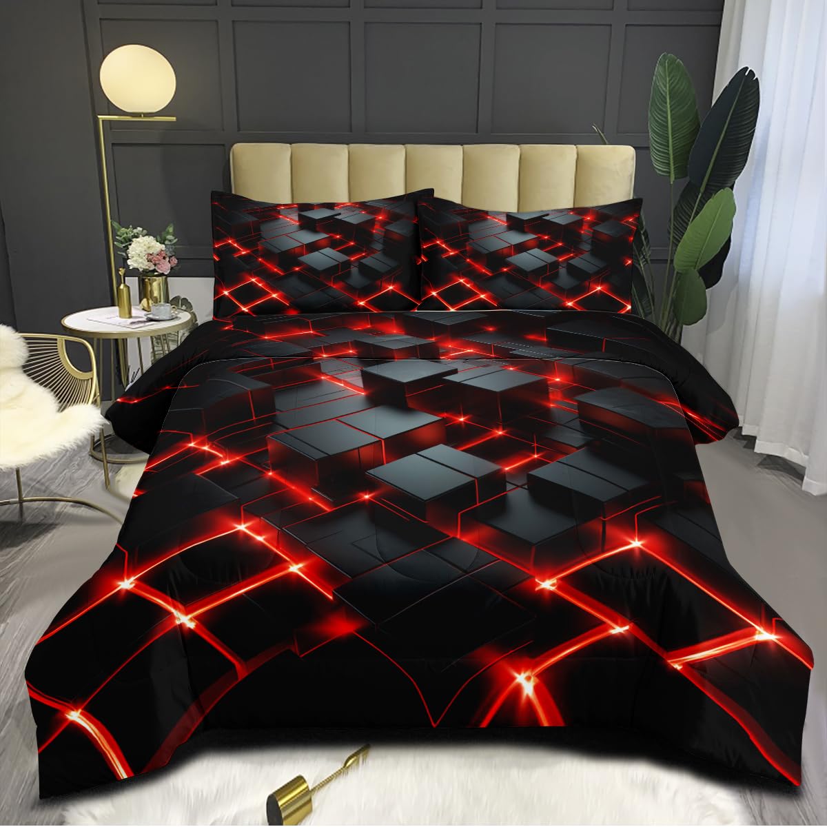 CCoutueChen Red Black Geometric Comforter Set King Size 3D Stereoscopic ...