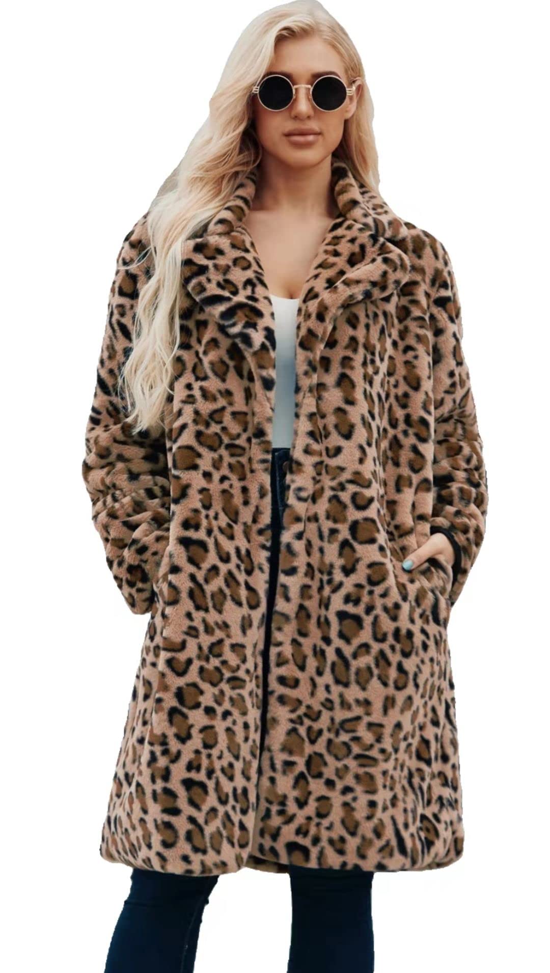Yomcud Long leopard suit collar faux fur coat women's casual coat ...